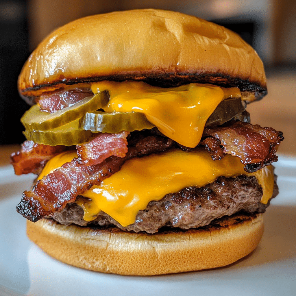 Juicy BBQ Bacon Cheeseburger w/ Crunchy Pickles