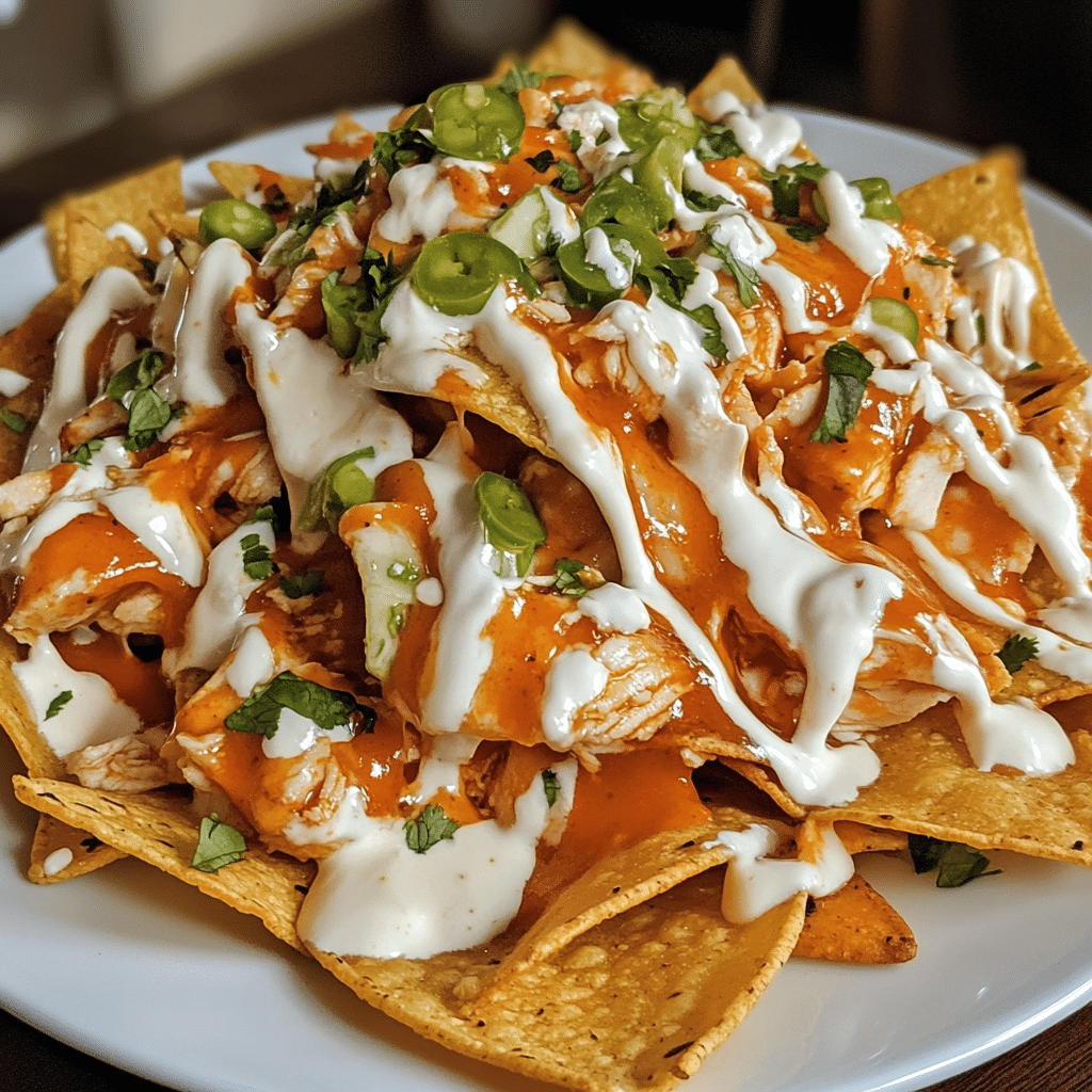 Fiery Buffalo Chicken Nachos with Creamy Drizzle